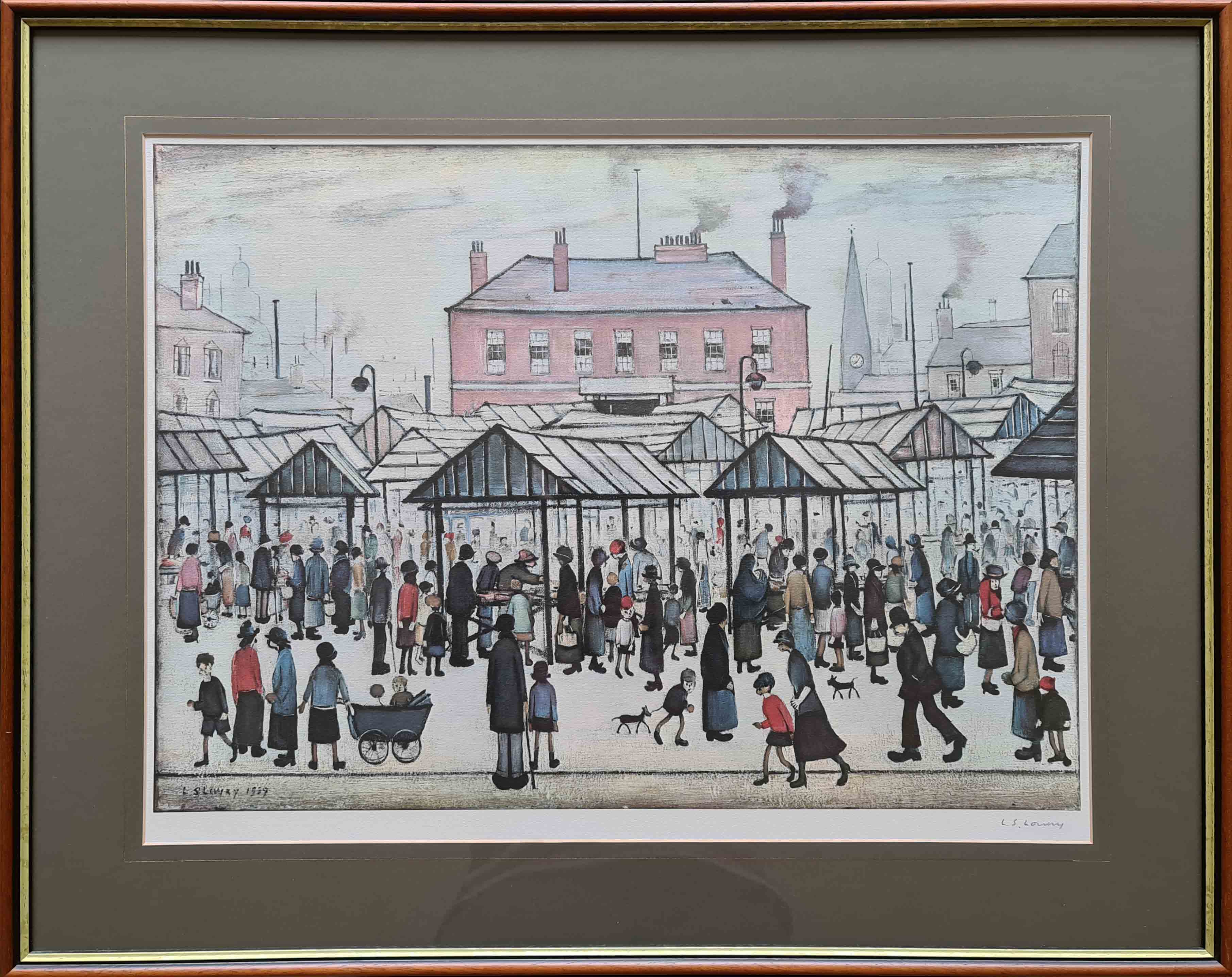 Lowry, market scene in a northern town, signed print