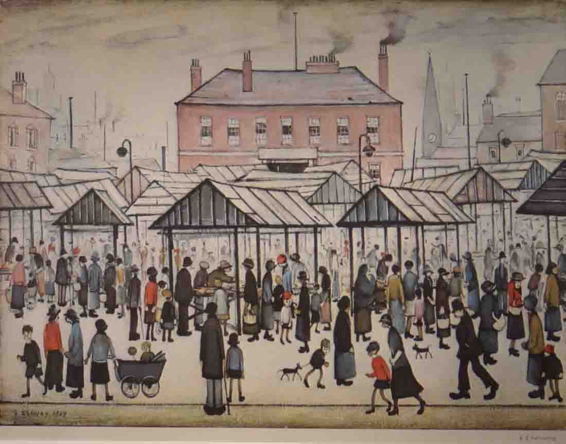 Lowry, market scene in a northern town, signed print